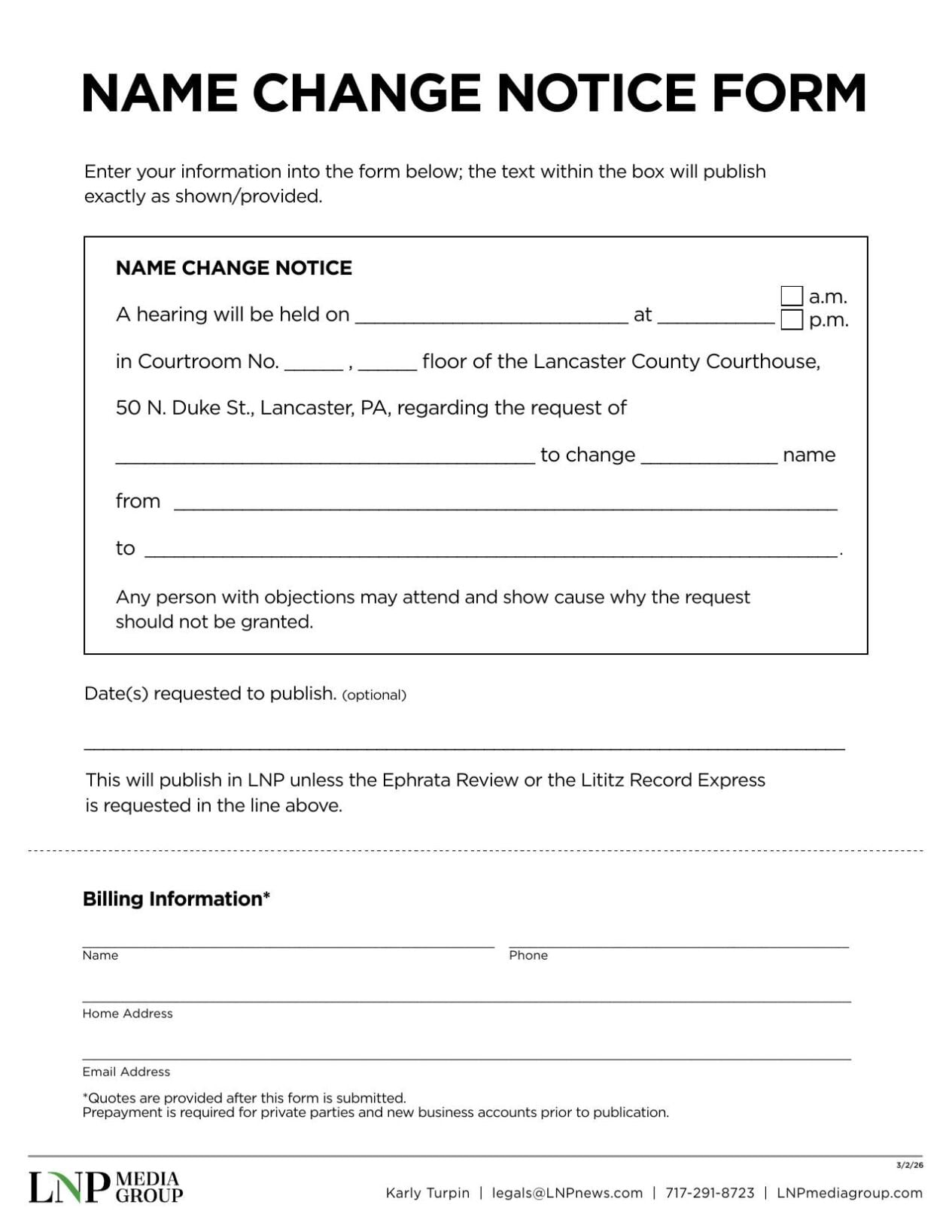 Name Change Notice Form | Advertising | lancasteronline.com