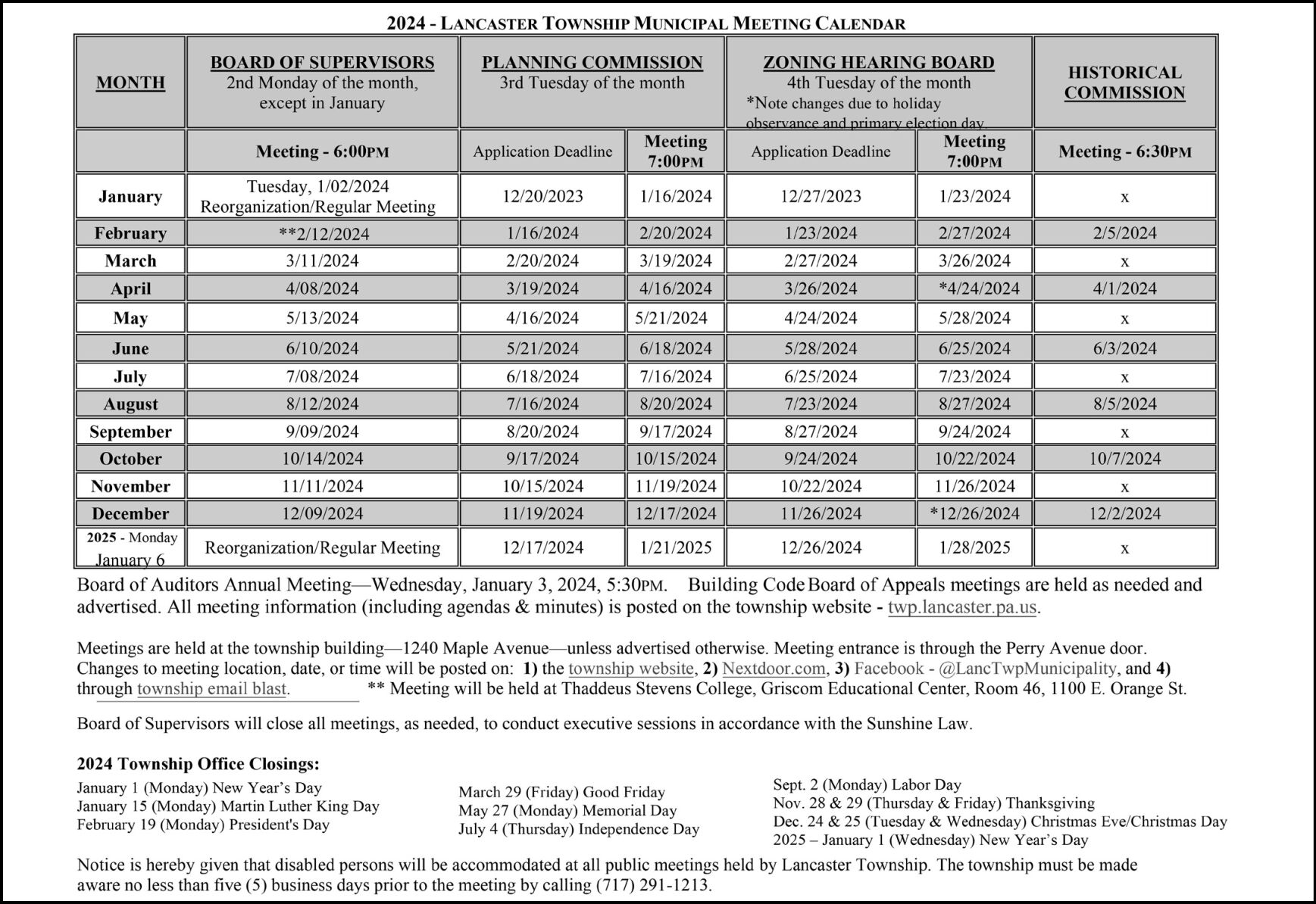 LANCASTER TOWNSHIP Lancaster Twp Municipal Cal 2024 | Public Notices ...