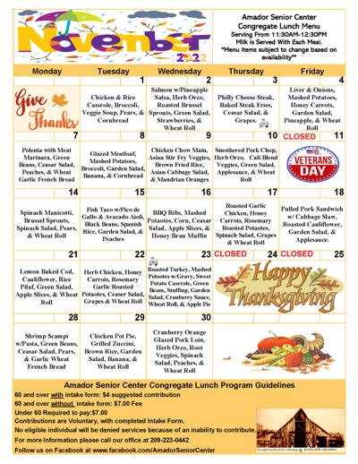 Amador Senior Center November 2022 Menu — Serving Up Smiles and an ...