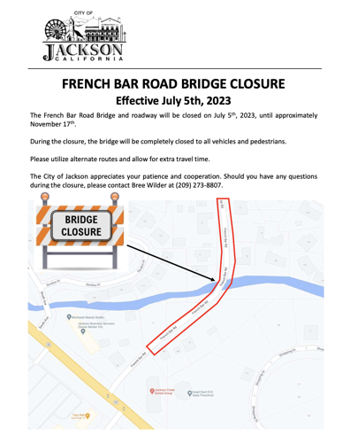 Jackson: Road Closure, French Bar Road & Bridge – July 5 through ...