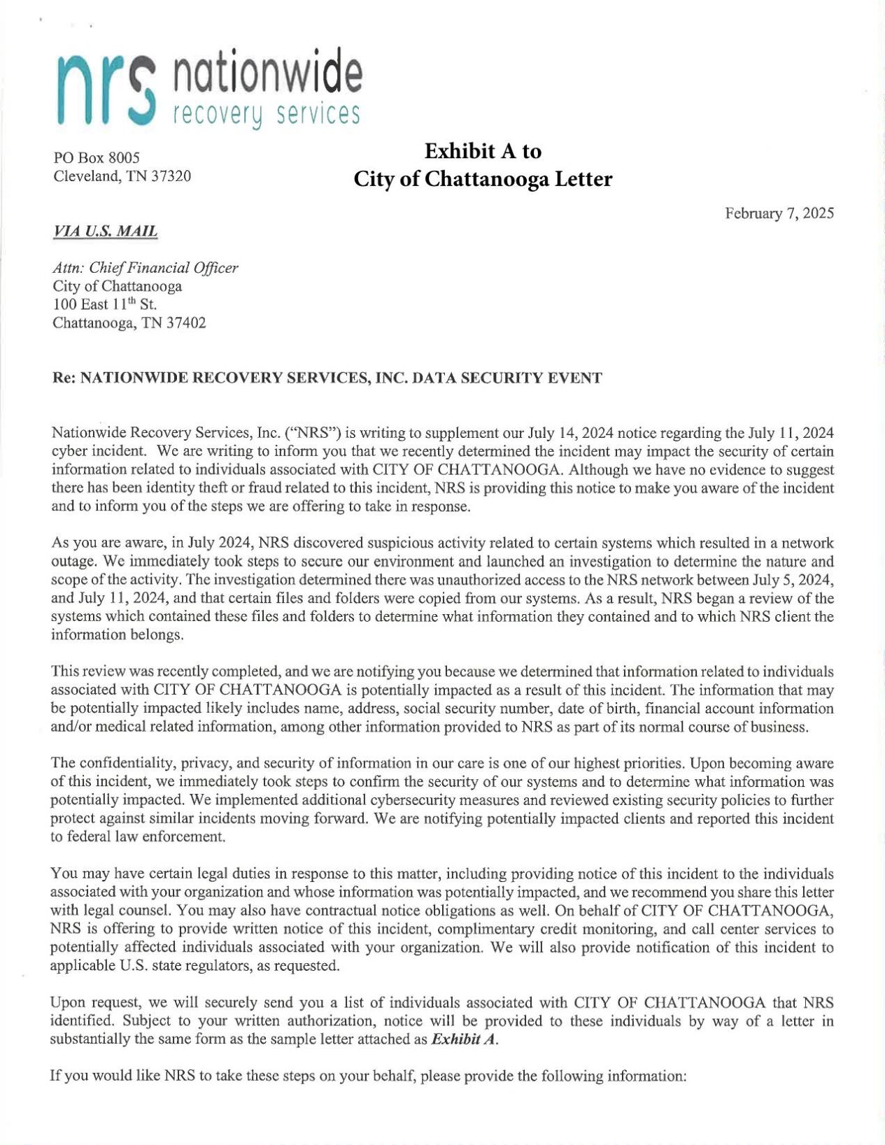 Chattanooga City Data Breach by Nationwide Recovery Services | Local ...