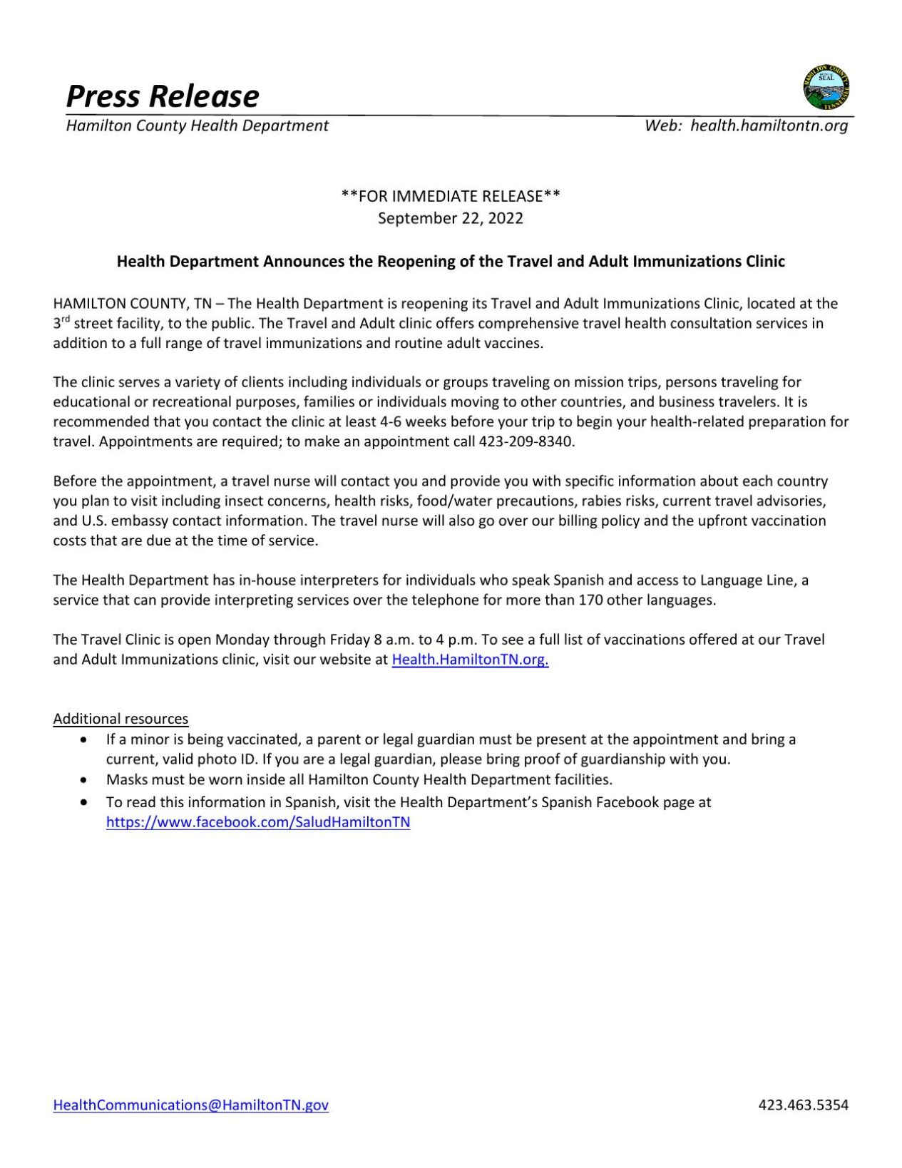 Hamilton County Health Department reopens its Travel & Adult ...