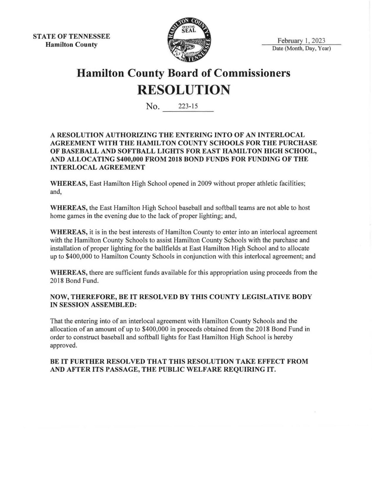 Ham. Co. Commission approves funding for East Hamilton H.S. field lighting as Wamp withdraws ...