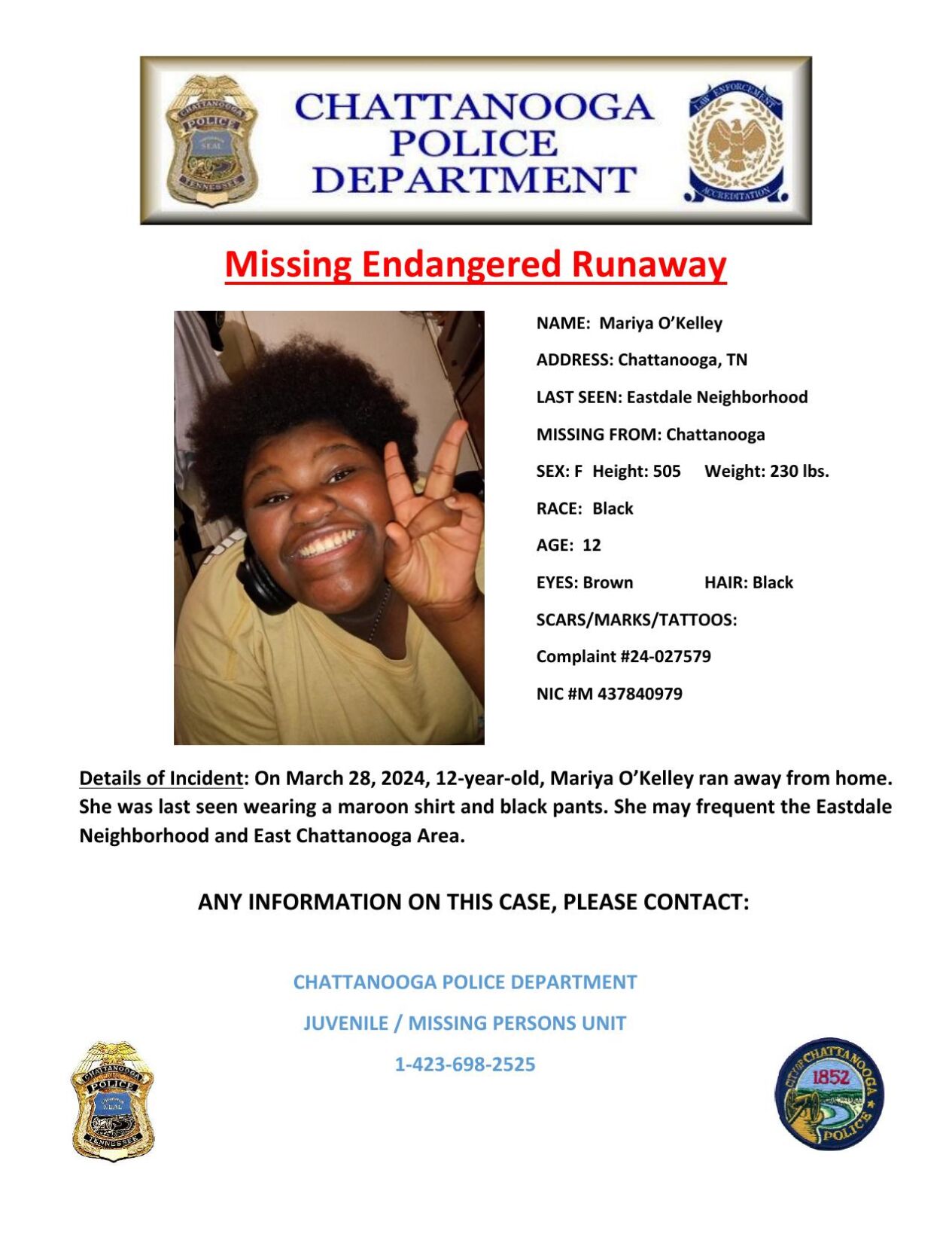 UPDATE: missing endangered 12-year-old runaway found safe | Local News | local3news.com