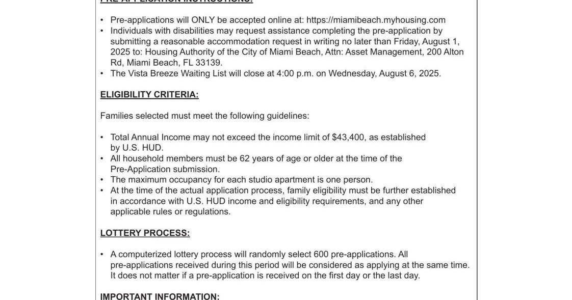 NOTICE OF OPENING AND CLOSING OF THE WAITLING LIST FOR VISTA BREEZE ...