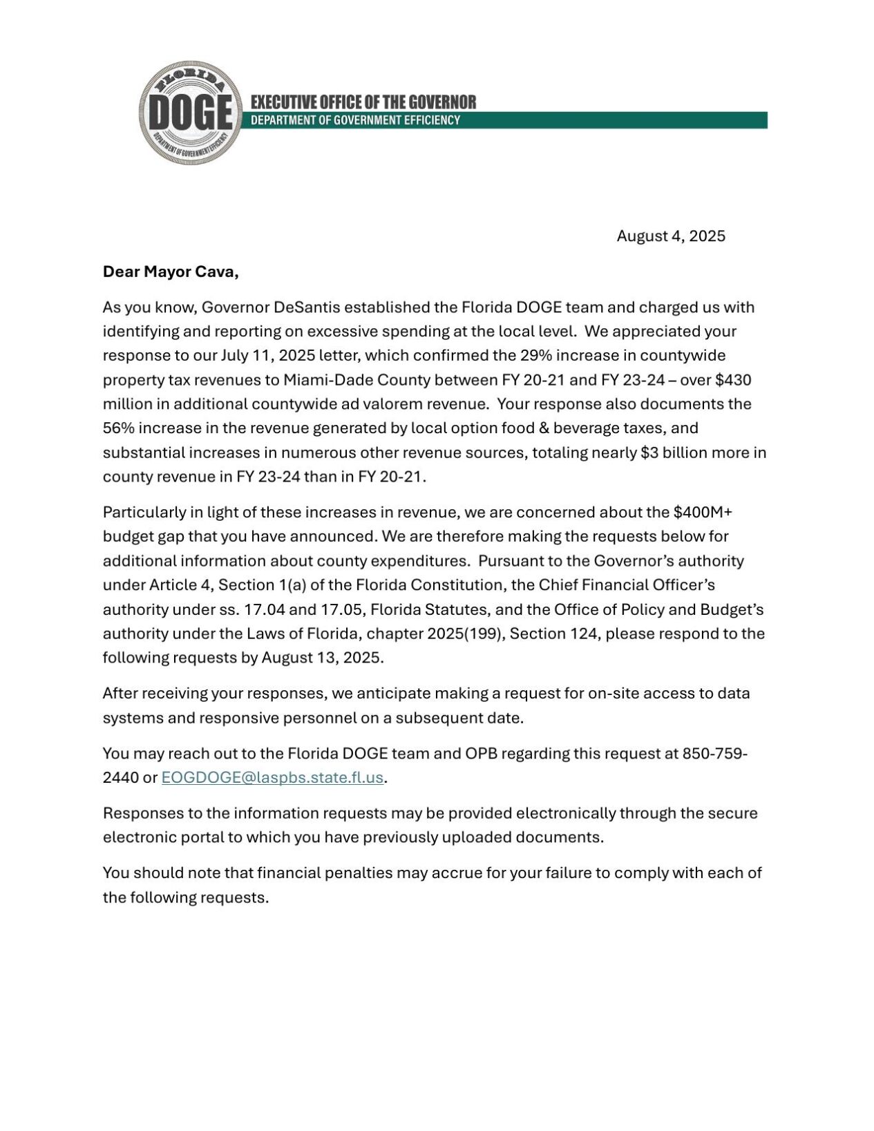 Florida DOGE to probe Miami-Dade over budget deficit, citing revenue ...