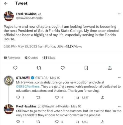 SFSC presidential finalist Fred Hawkins - long on politics, but short on educational background ...