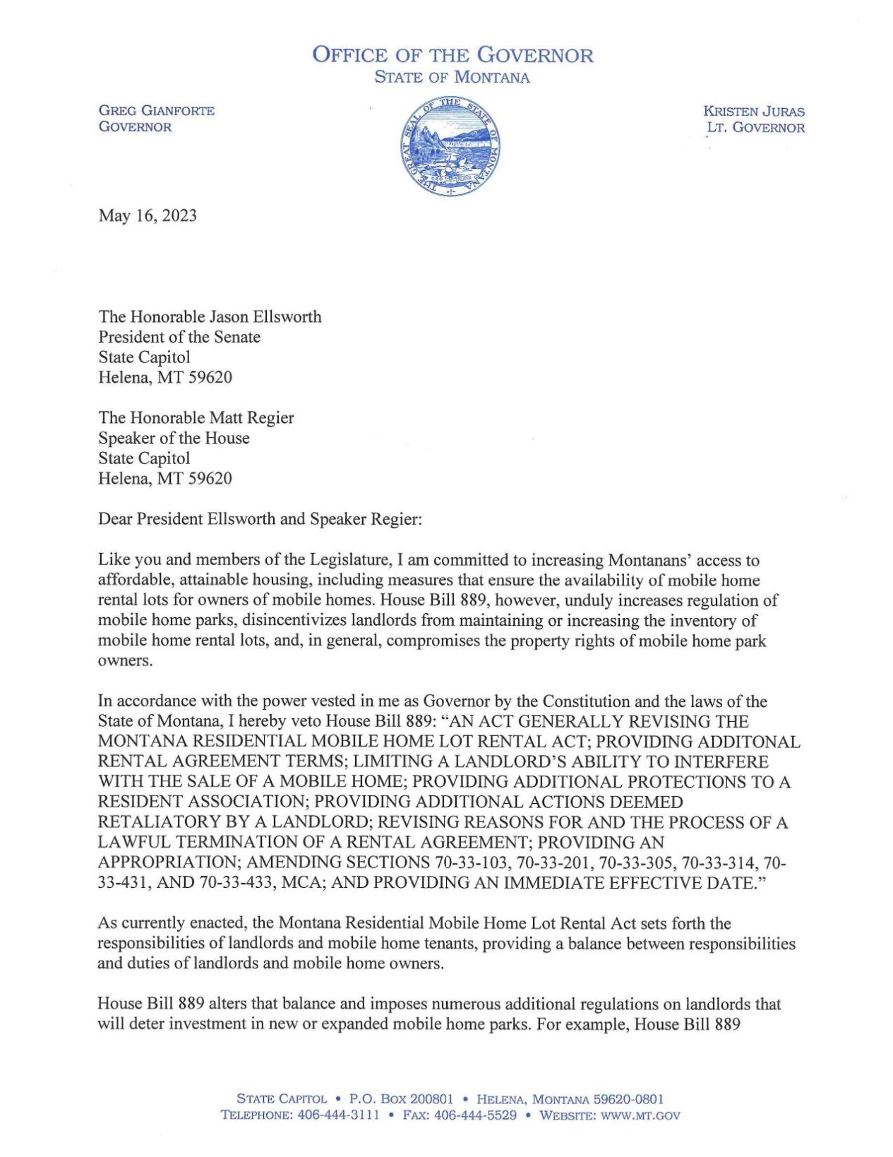 HB 889 Veto Letter | | montanarightnow.com