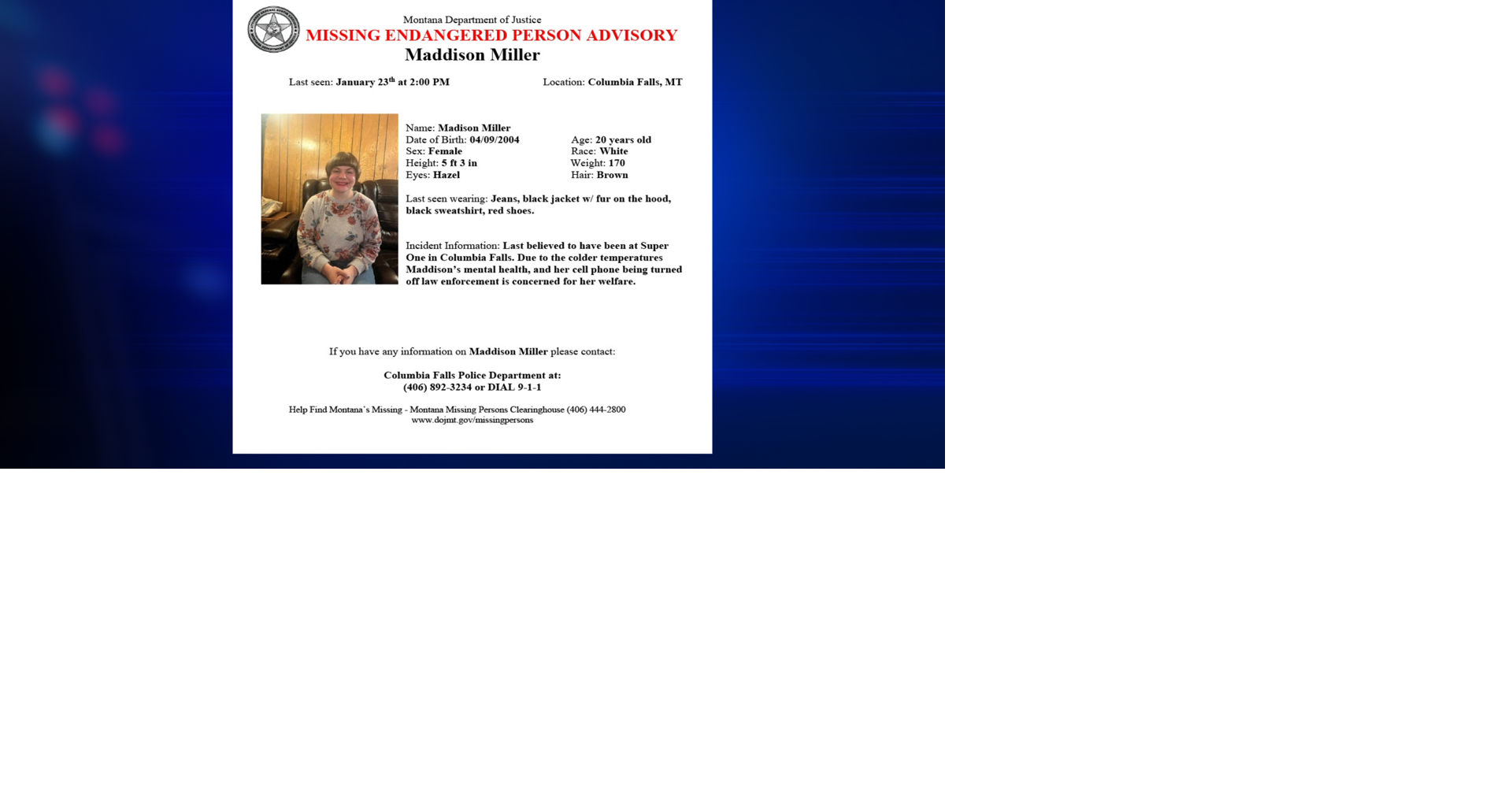 Columbia Falls police locate missing Maddison Miller safely | Kalispell ...