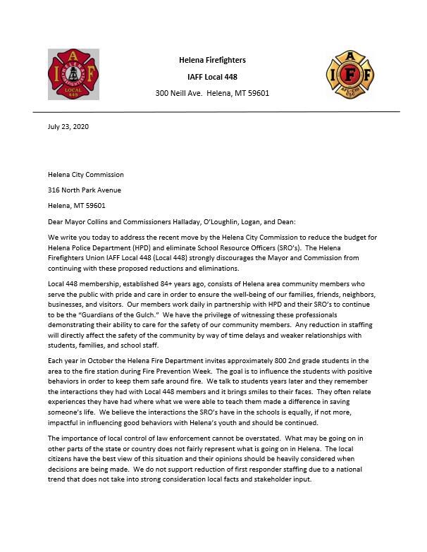 Helena Firefighters IAFF Local 448 write letter strongly opposing ...