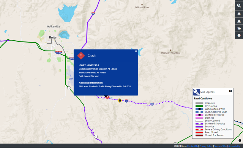 Jackknifed semi blocking traffic on I-90 east around Homestake Pass ...