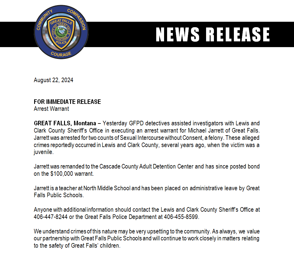 Great Falls teacher charged with sexual intercourse without consent involving a minor | Great ...