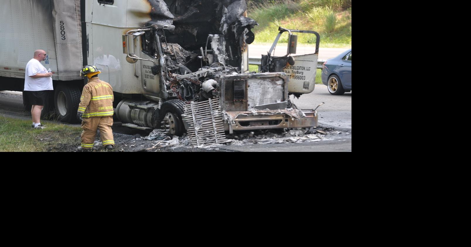 Fuel tank explosion totals tractor-trailer, shuts down highway