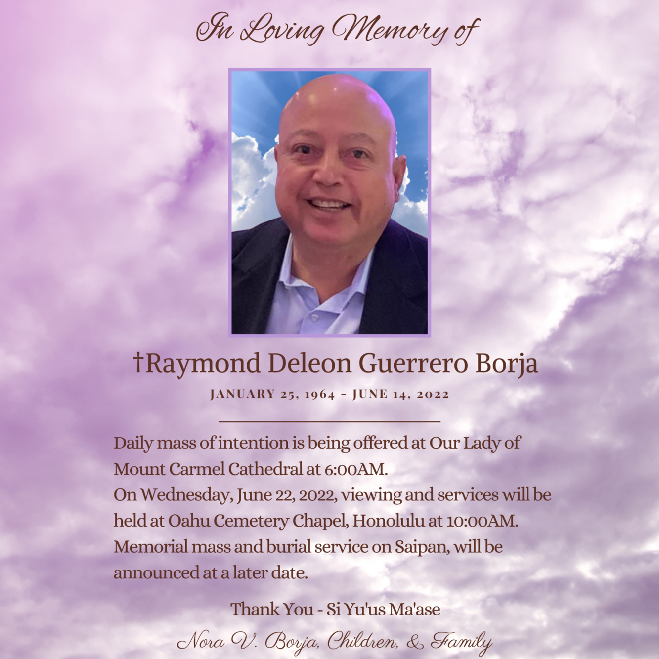 ♱Raymond Deleon Guerrero Borja | Obituaries | mvariety.com