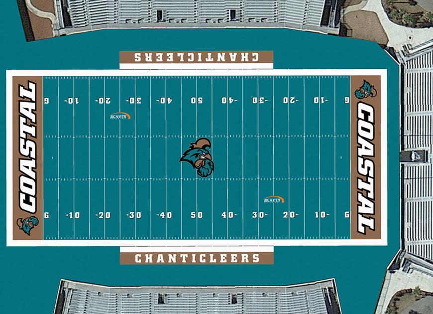 Coastal Carolina begins converting grass football field to teal turf ...