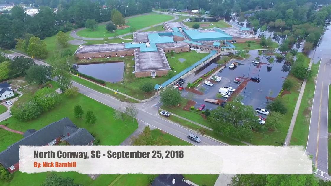 Aerial footage of North Conway, SC, Trinity Church, Conway Elementary ...