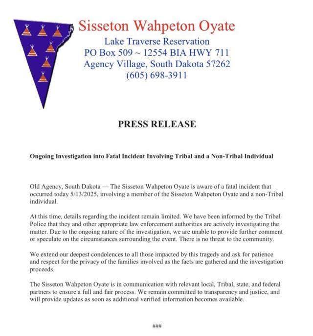 Sisseton Wahpeton Oyate Issues Statement on Fatal Incident Involving ...