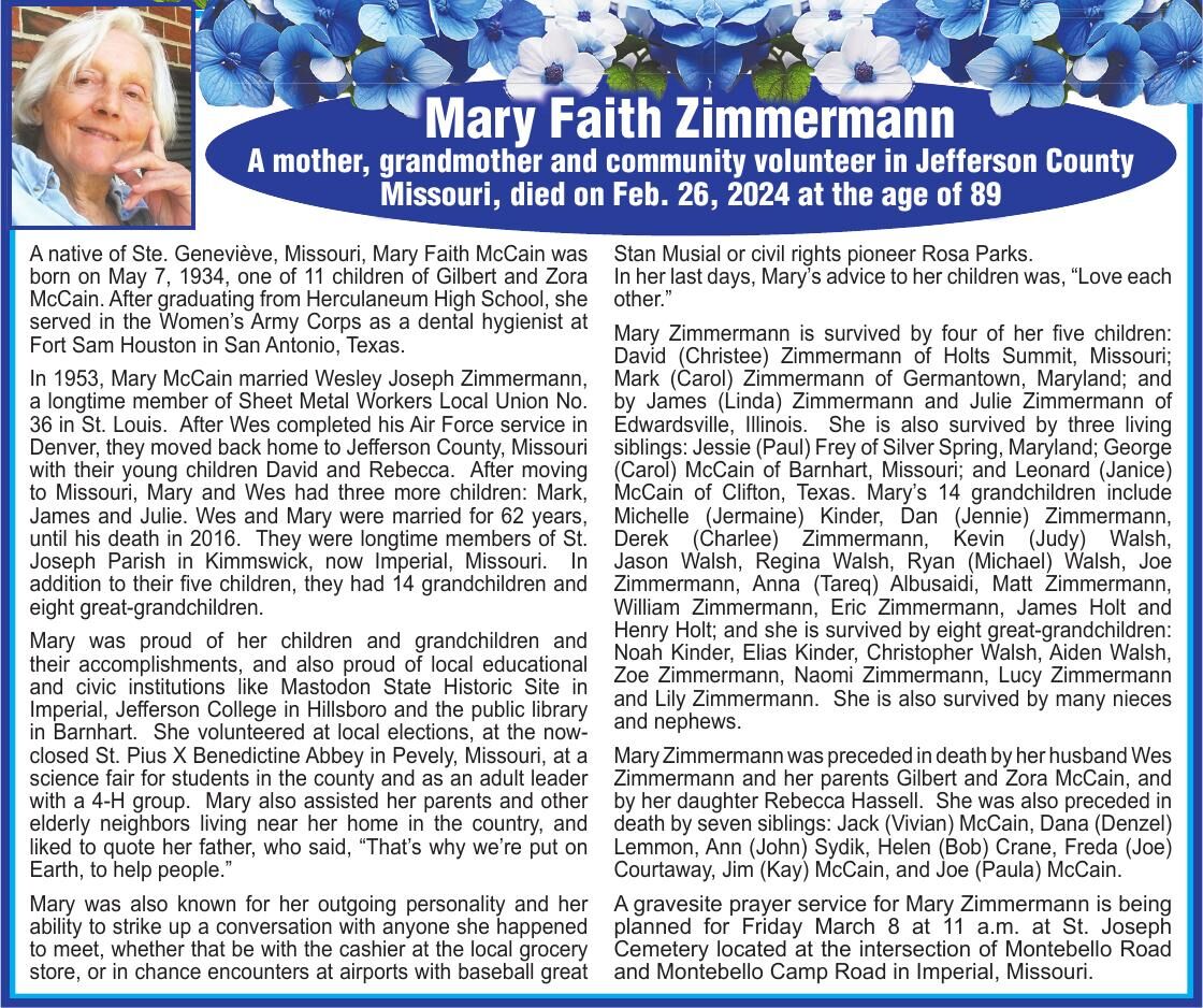 Mary Faith Zimmermann, 89, formerly of Ste. Genevieve | Obituaries ...