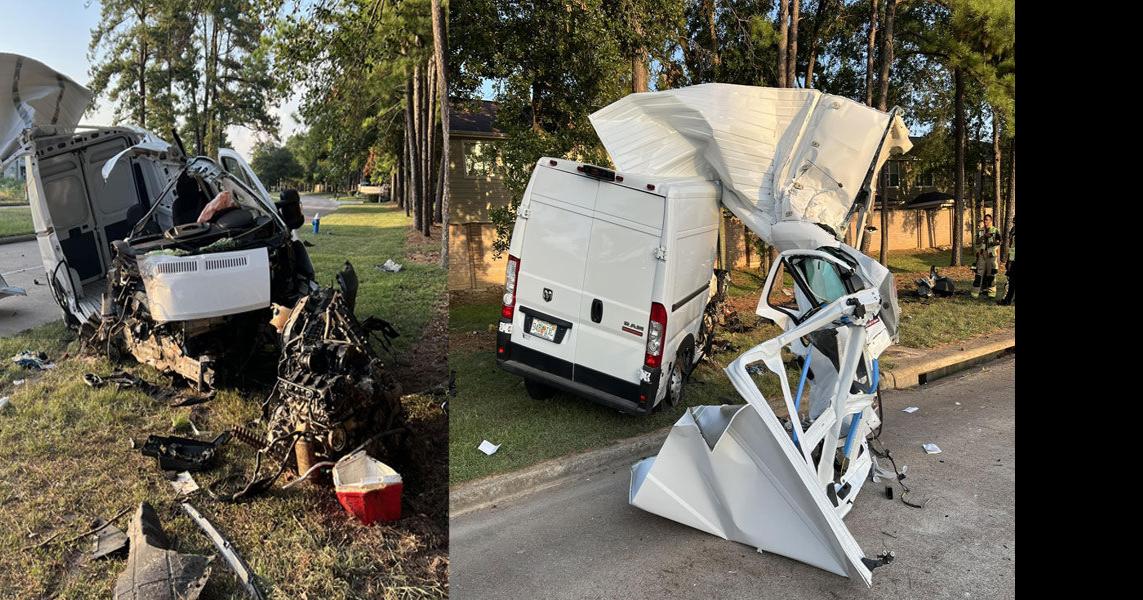 Van obliterated in collision with tree; 'peeled open like a tin can ...