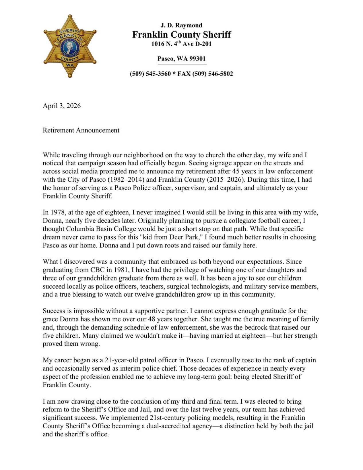 Franklin County sheriff announces retirement | News | nbcrightnow.com