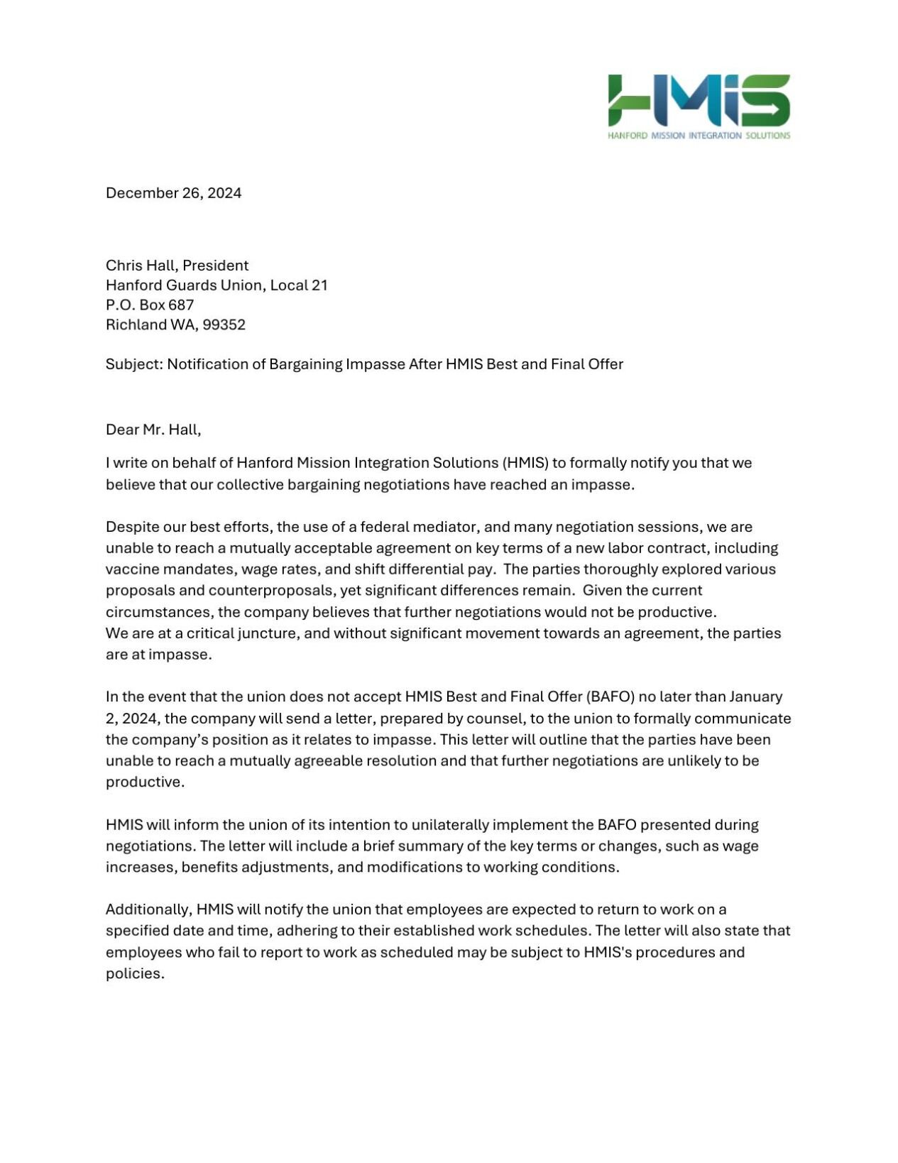 Hanford Mission Integration Solutions issues letter of impasse to the ...