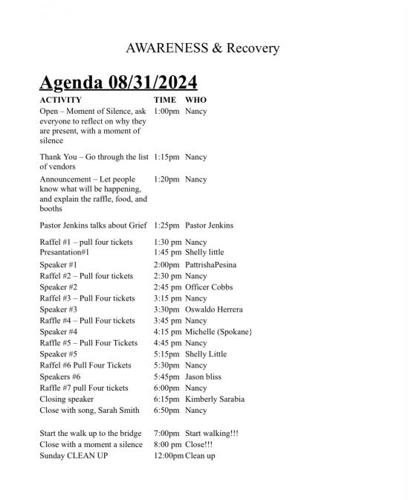 Timeline of events for Addiction and Overdose awareness event ...