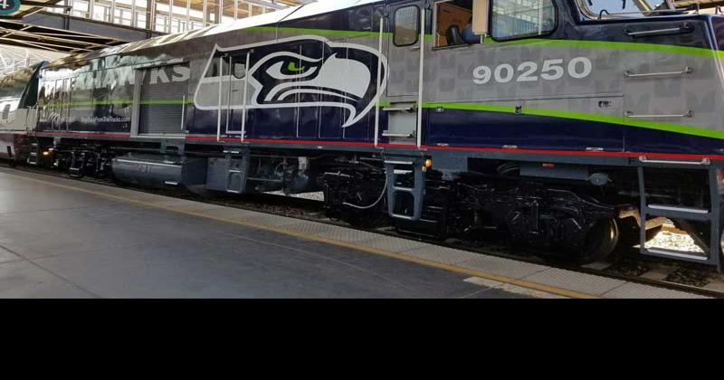 New Seahawks-themed Amtrak Cascades train debuts in Seattle ...