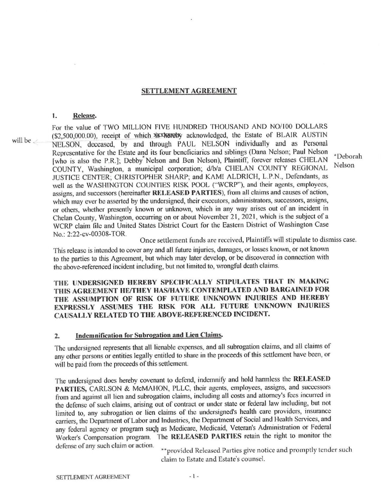 Nelson v Chelan County settlement | | ncwlife.com