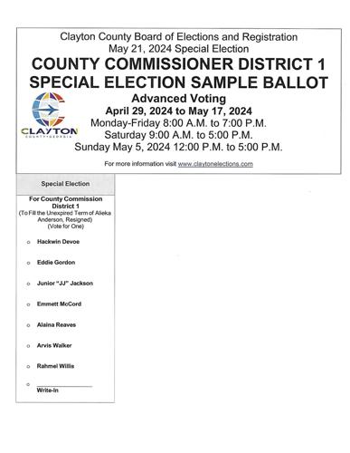 Clayton County Board of Commissioners District 1 Special Election ...