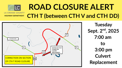 CTH T in La Crosse County to close on Tuesday | Local News | news8000.com