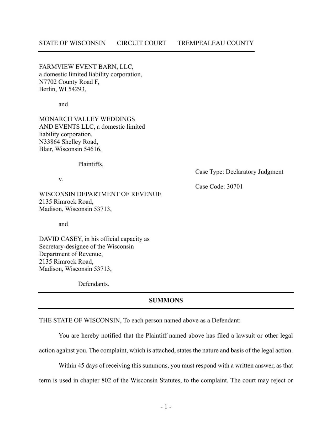 Wisconsin wedding barns sue Department of Revenue over newly passed ...
