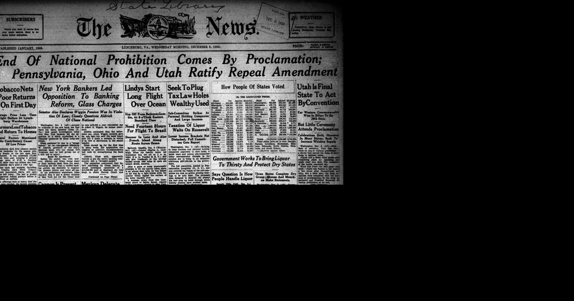 The News & Advance front pages: Prohibition begins, ends