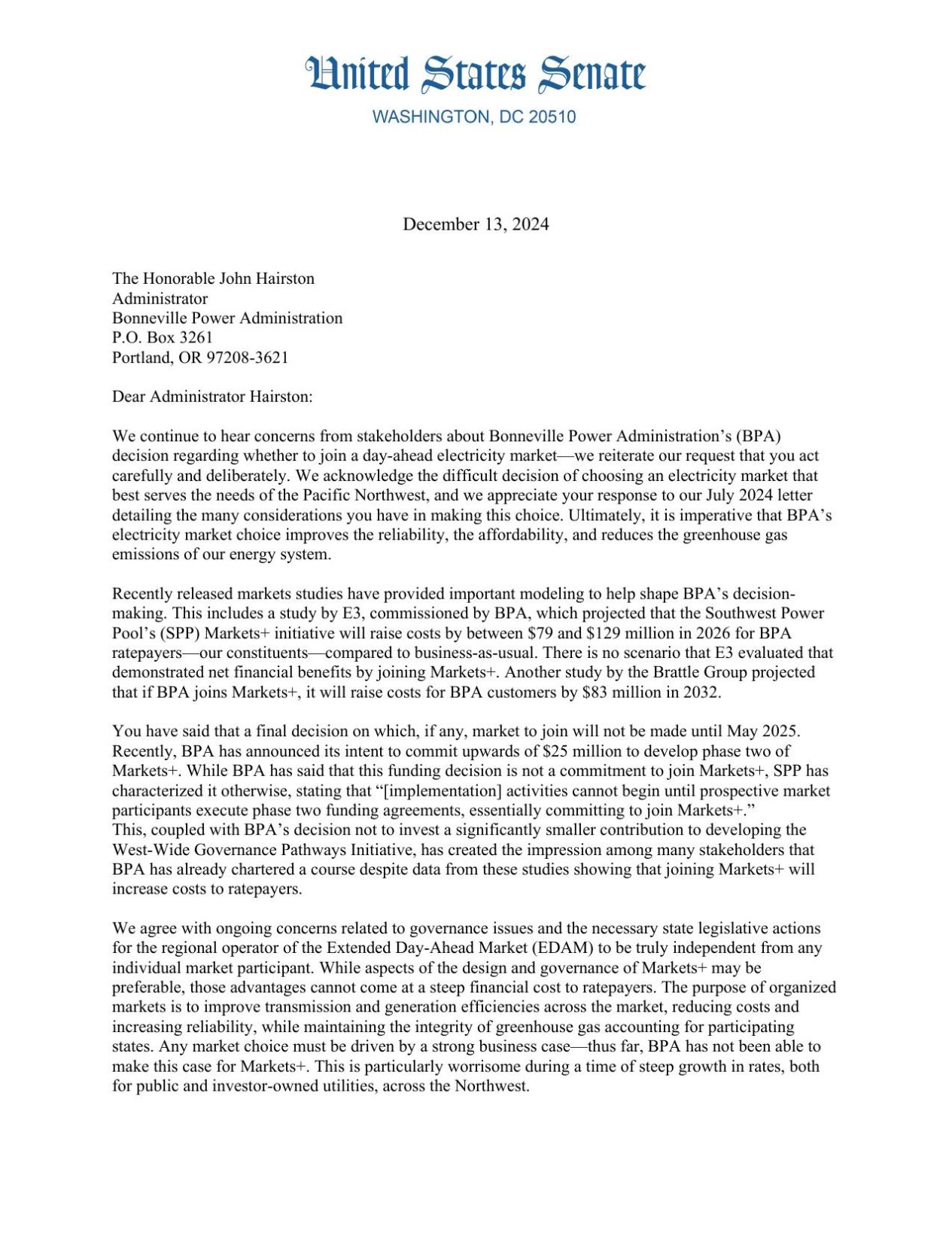 NW Senators Letter on BPA Markets Choice | | newsdata.com