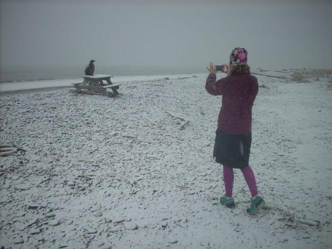 Spring break, Alaska style: Walking on half-frozen beach on Homer Spit ...