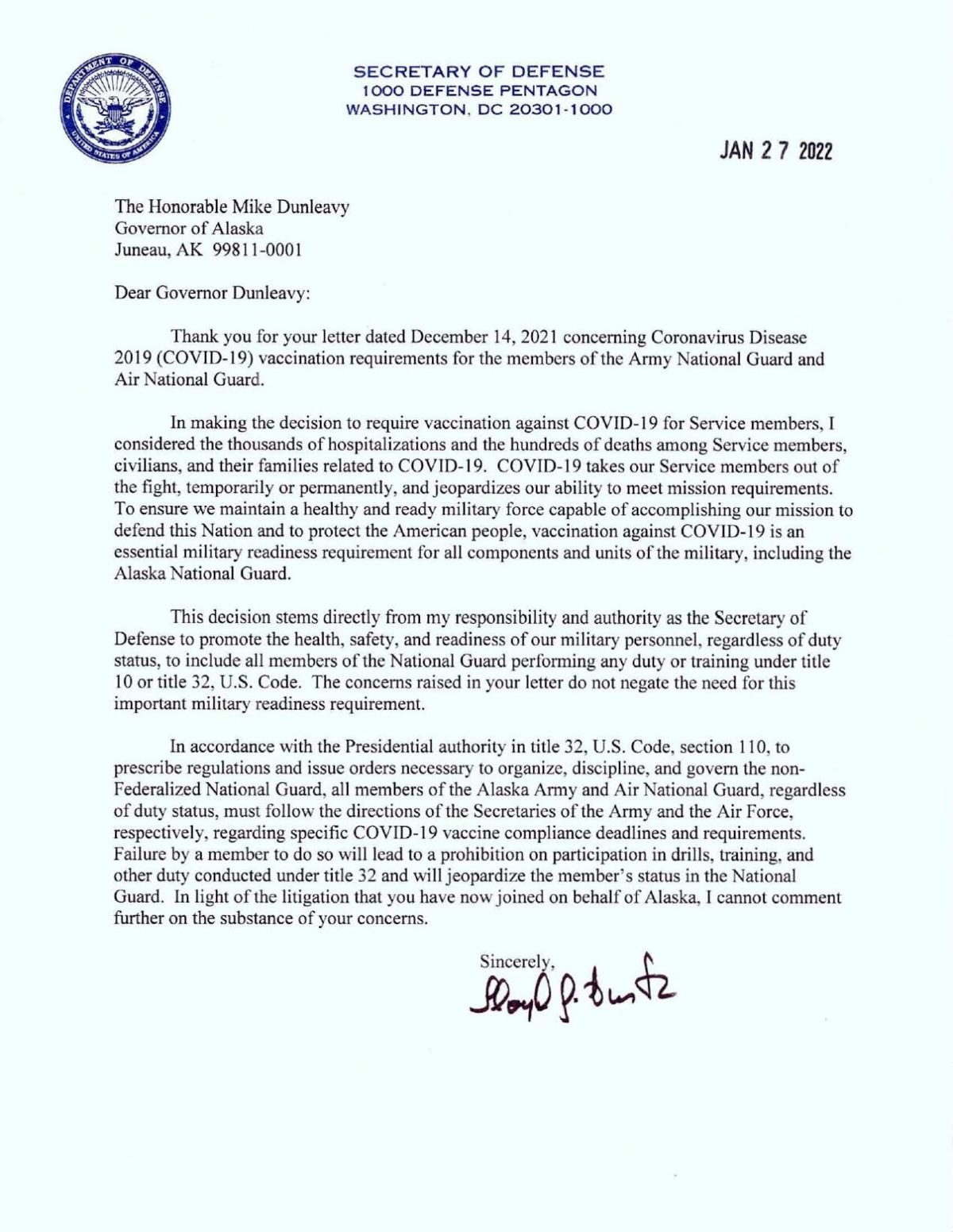 Defense Secretary's letter to Gov. Dunleavy | | newsminer.com