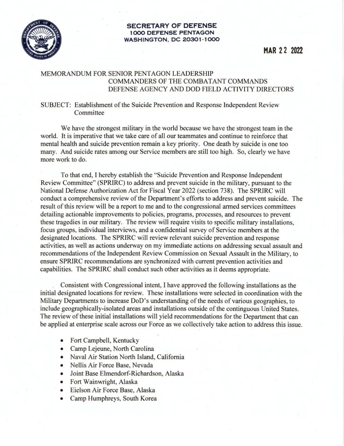 Defense Secretary Lloyd Austin's Memo Establishing Suicide Prevention ...