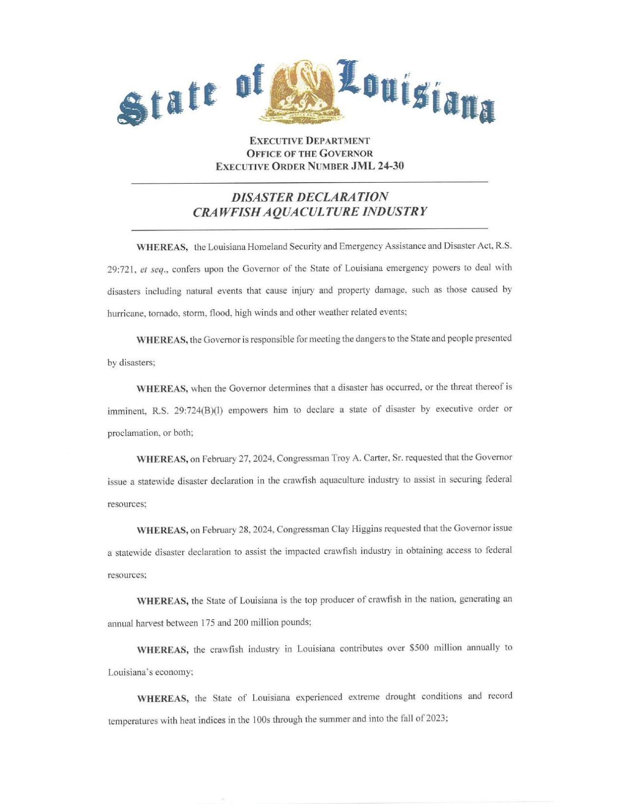 Emergency Disaster Declaration for crawfish industry, March 5, 2024 ...