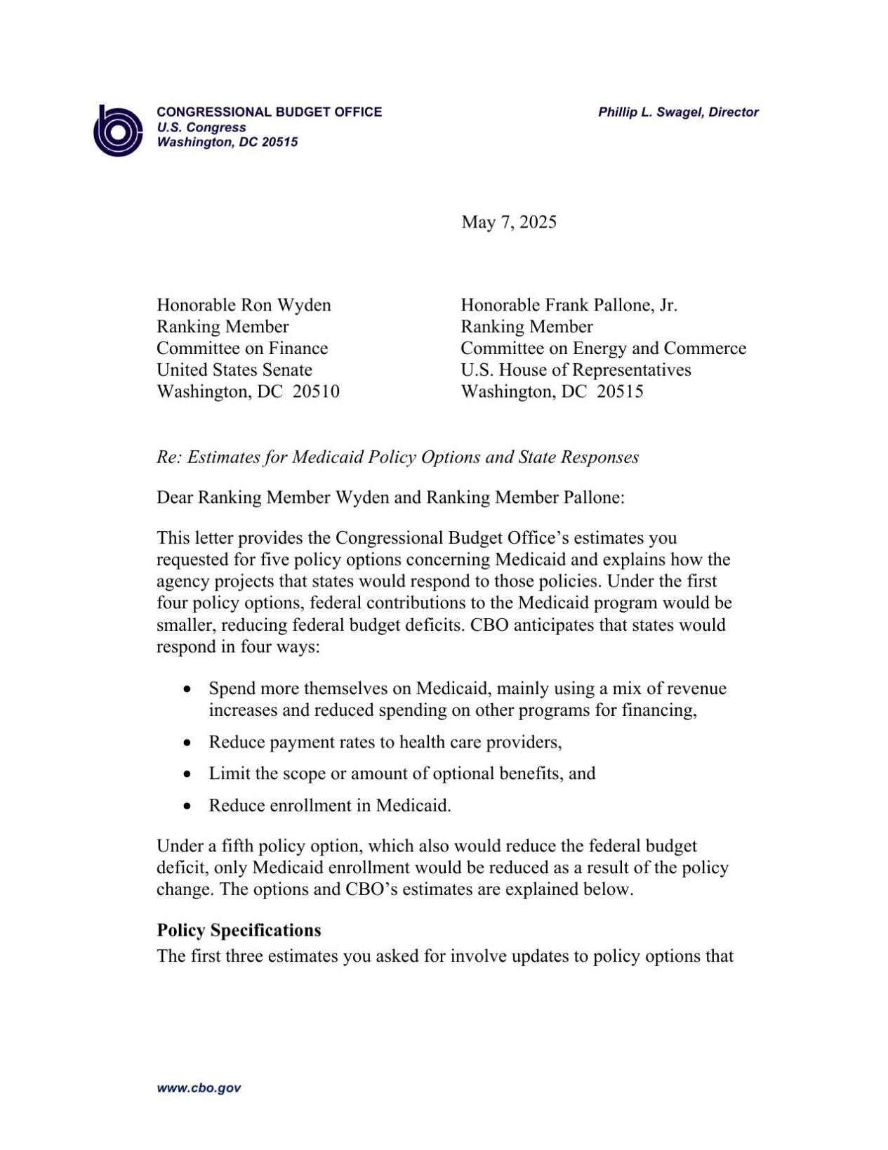 CBO letter on Medicaid policy options estimates | | nola.com