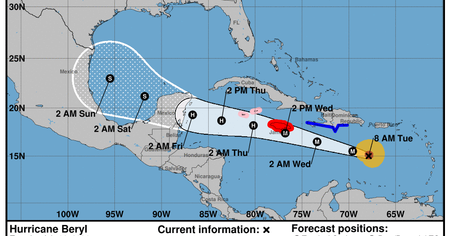 Hurricane Beryl cone of uncertainty shifts in Gulf of Meixco ...
