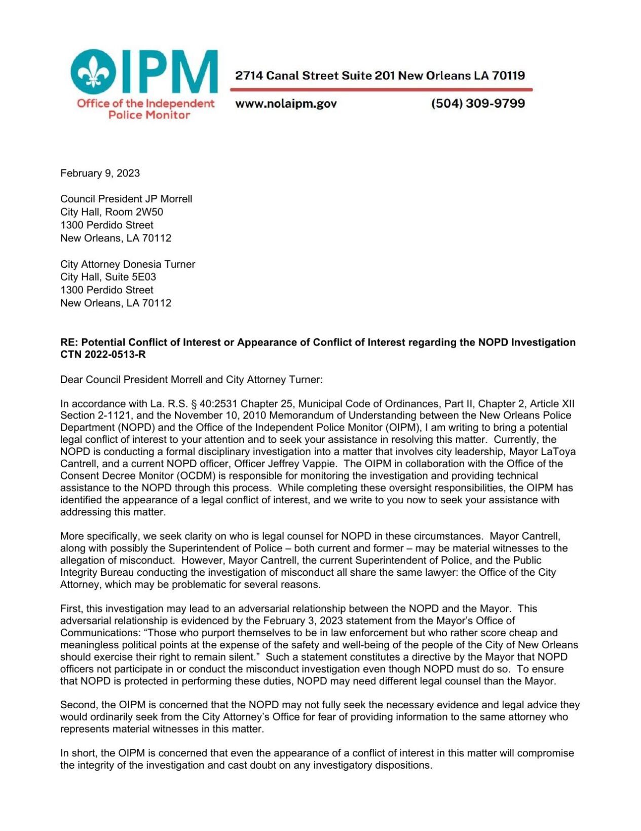 OIPM letter on vappie inquiry | | nola.com