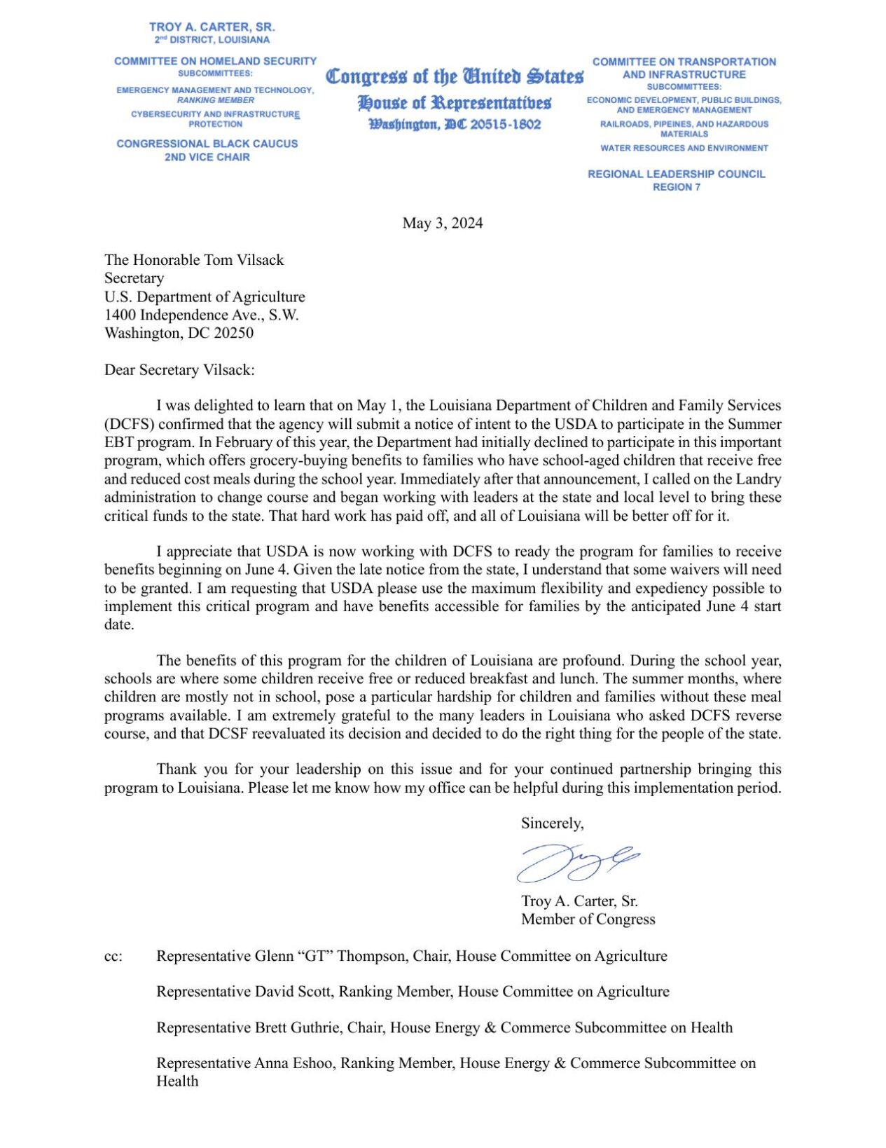 U.S. Rep. Troy Carter's letter to USDA Secretary Tom Vilsack | | nola.com