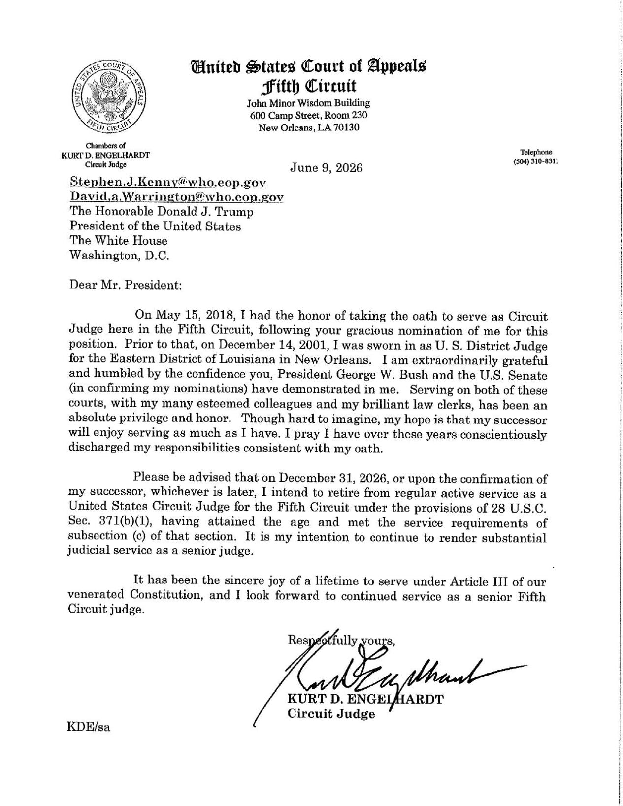 5th Circuit Judge Kurt Engelhardt letter to President Donald Trup, June ...