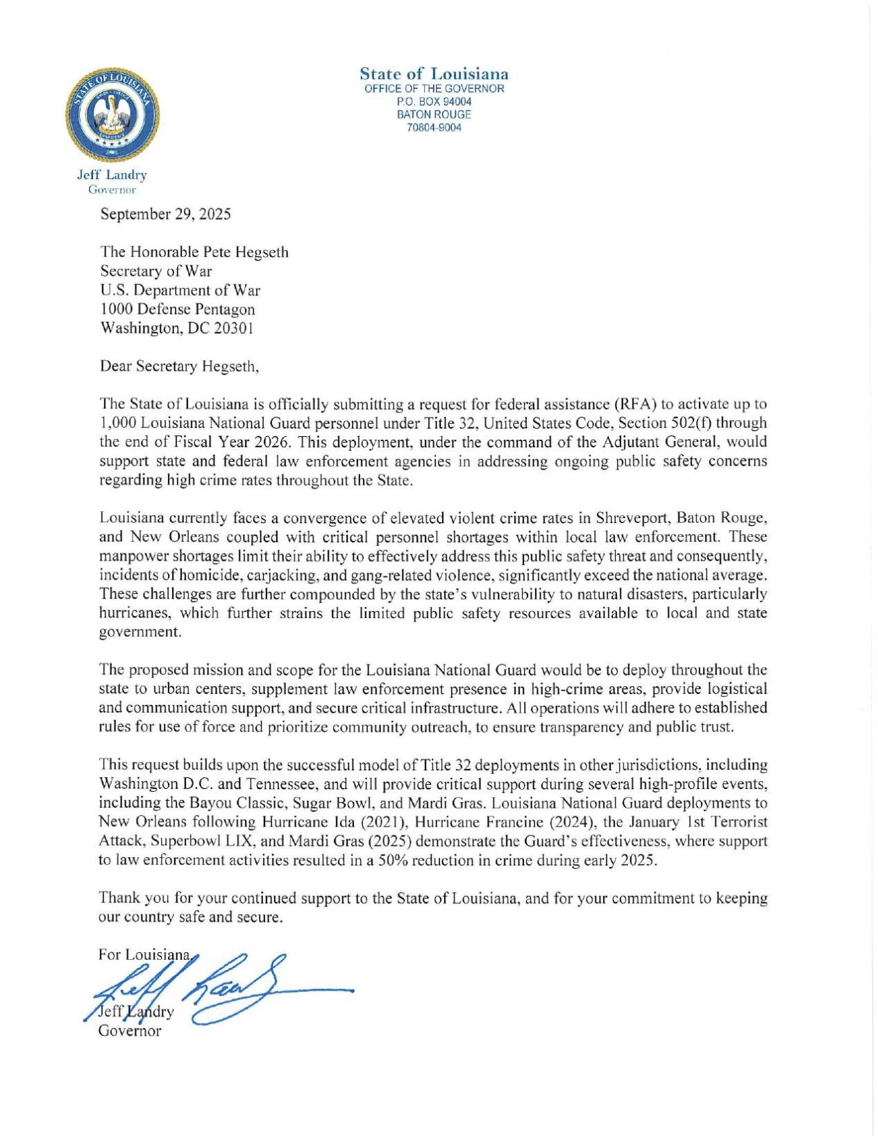 Read letter LA governor wrote for US National Guard troops | Local ...