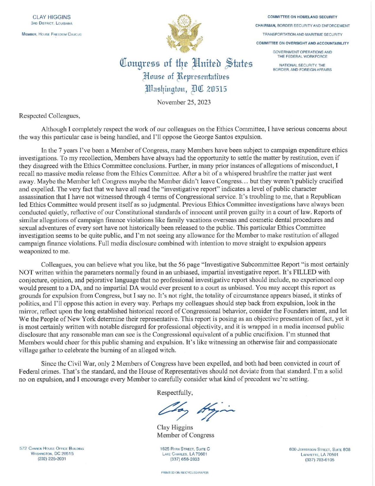 U.S. Rep. Clay Higgins to his House colleagues | | nola.com