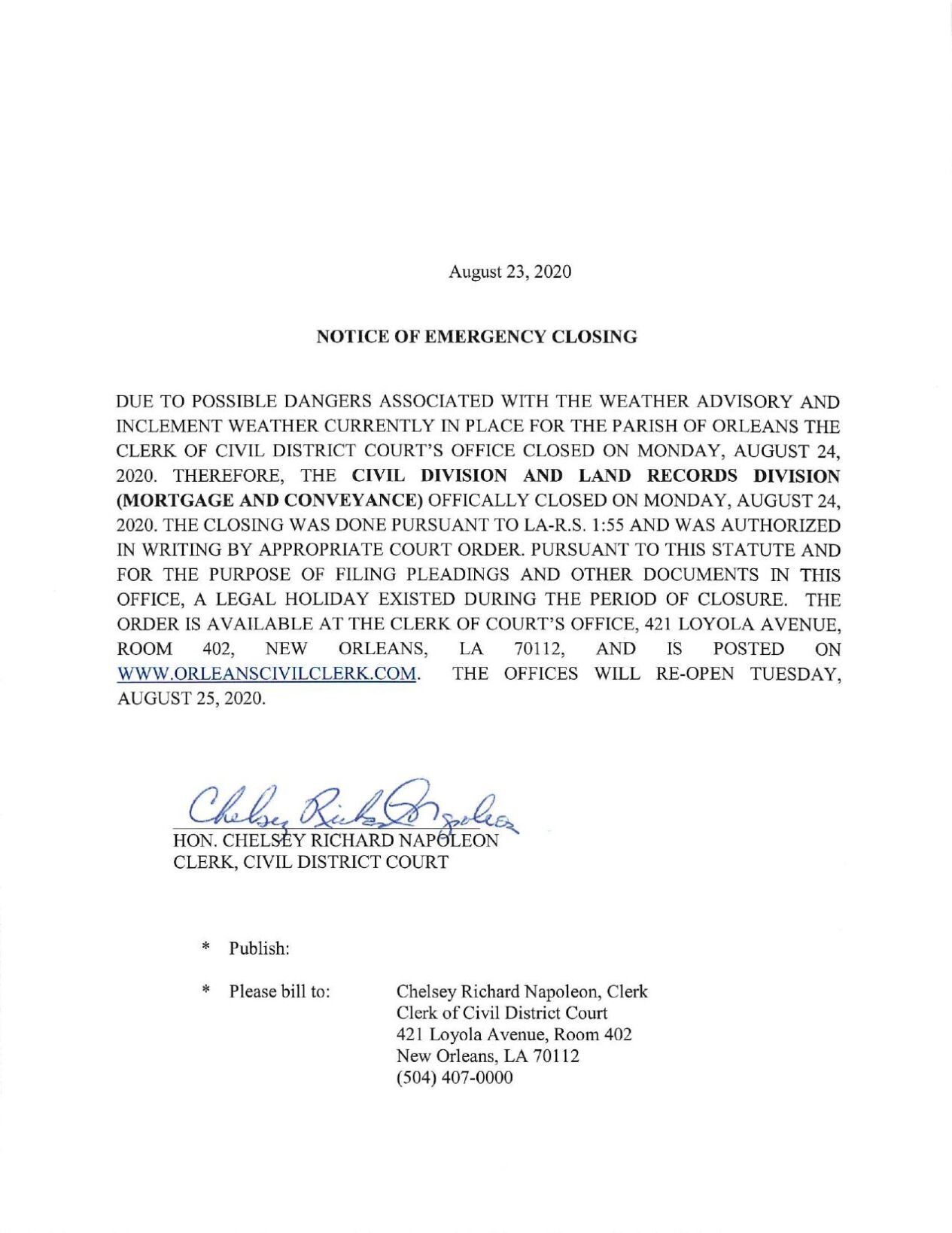 Emergency Closure - 8/23/20 | | nola.com