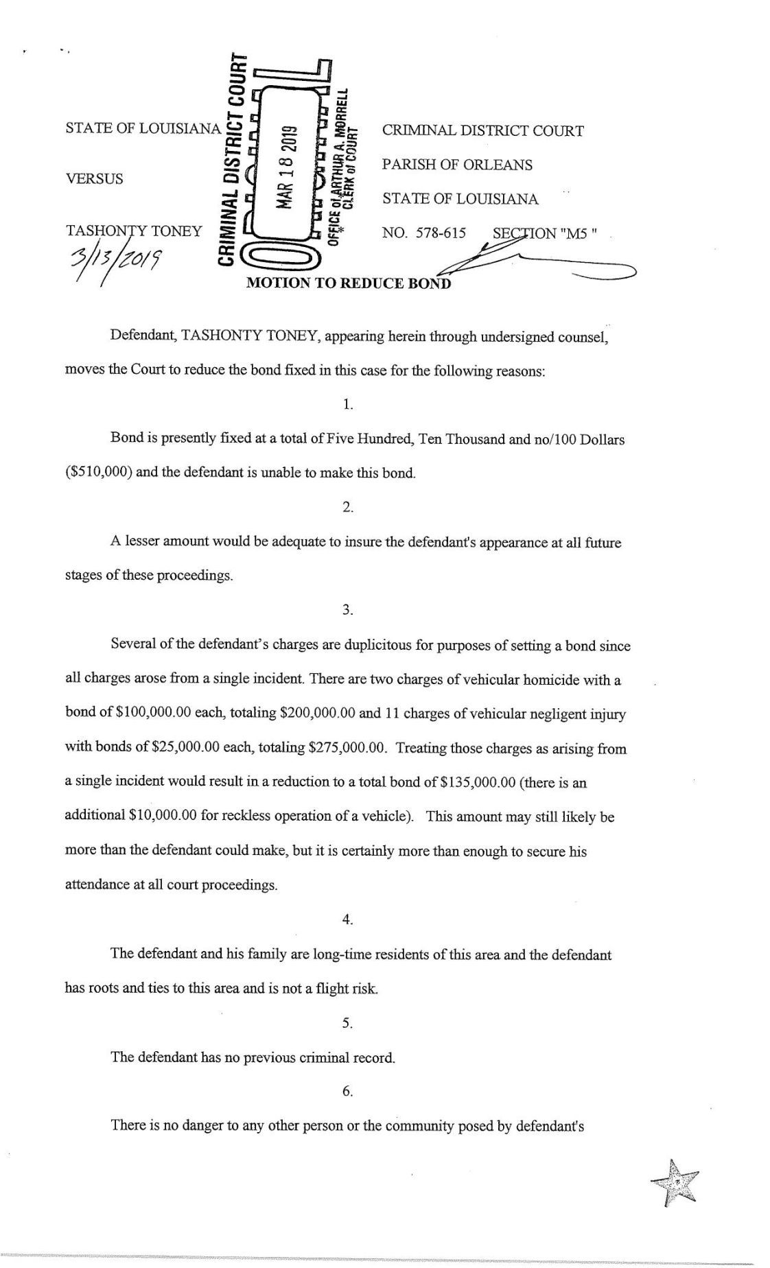 Toney bond reduction motion | | nola.com