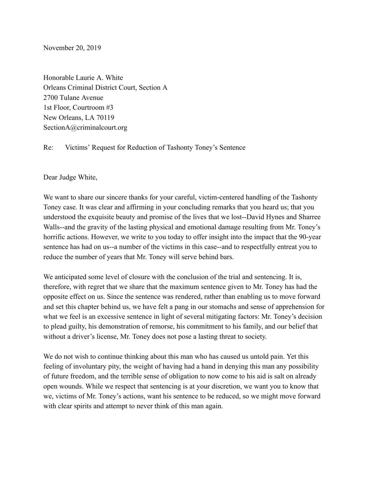 Tashonty Toney Victims Letter Nola