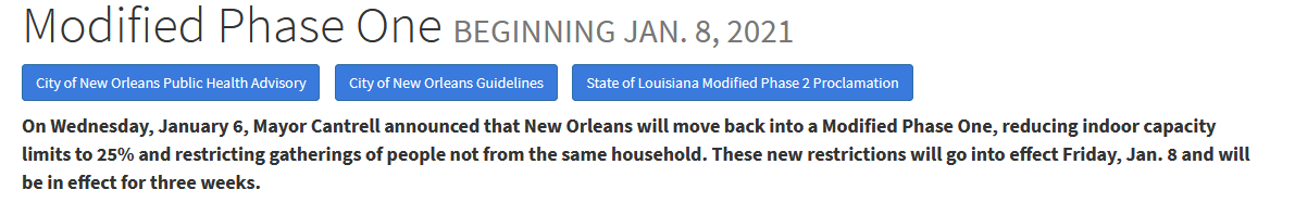 New Orleans to move back to 'Modified' Phase 1 restrictions, city ...