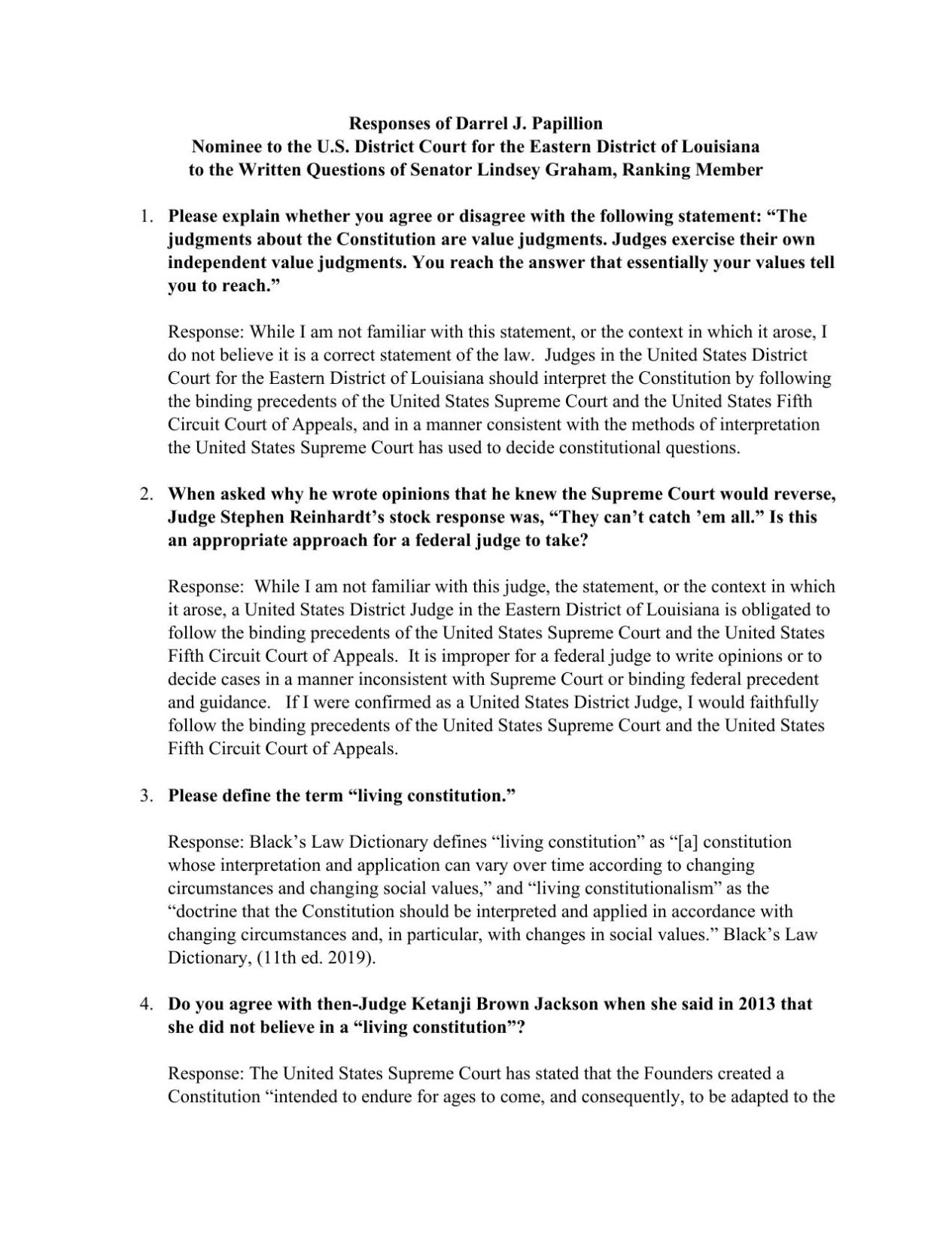 Darrel Papillion Responses to GOP written questions | | nola.com