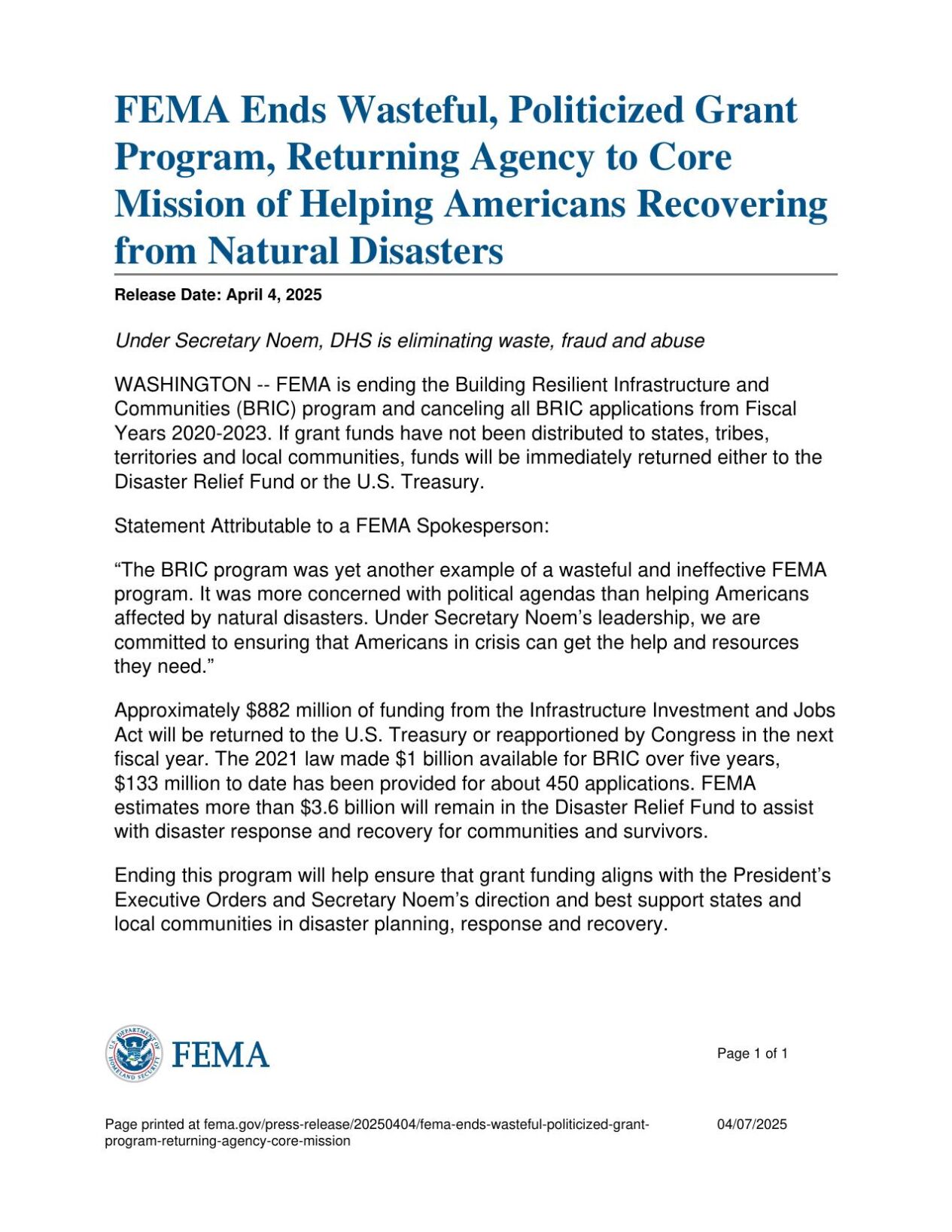 FEMA Ends Wasteful Politicized Grant Program Returning Agency to Core ...